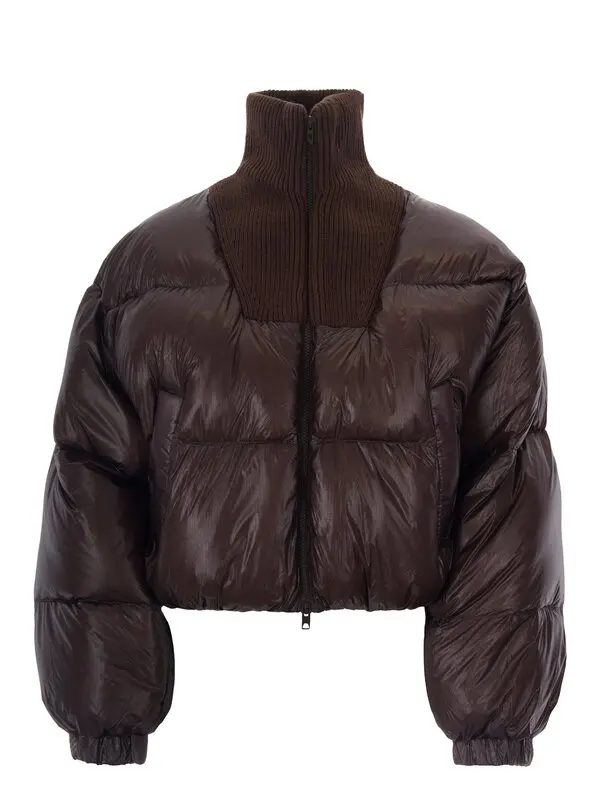 DIESEL® Cropped Quilted Puffer Jacket With Ribbed Knit Collar - Plum/purple