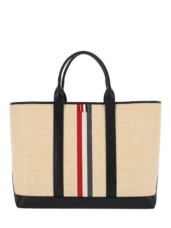Thom Browne Woven Tote Bag With Stripe Detail - Beige