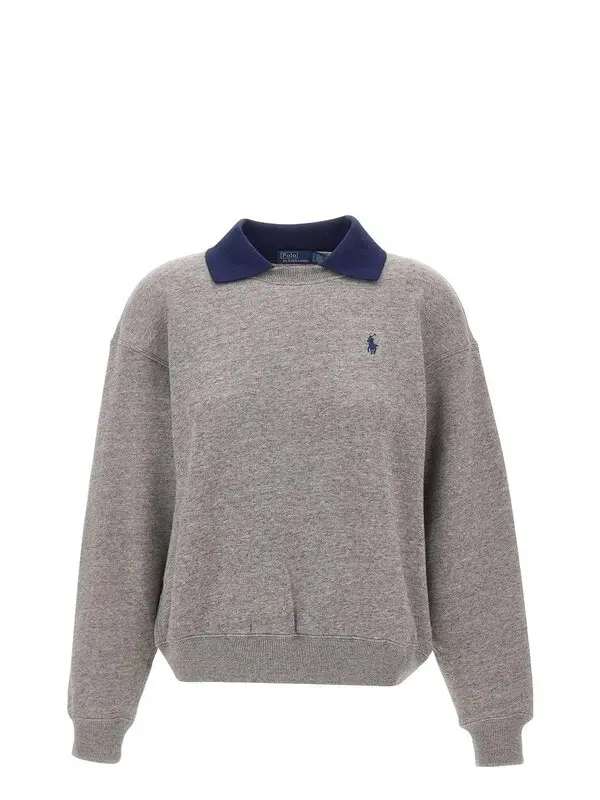 Polo Ralph Lauren Ribbed Knit Polo-collar Crew Neck Sweater, Long Sleeve With Ribbed Cuffs And Hem, Embroidered Pony - Grigio