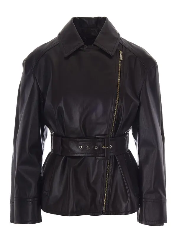 Max Mara Leather Belted Moto Jacket - Marrone