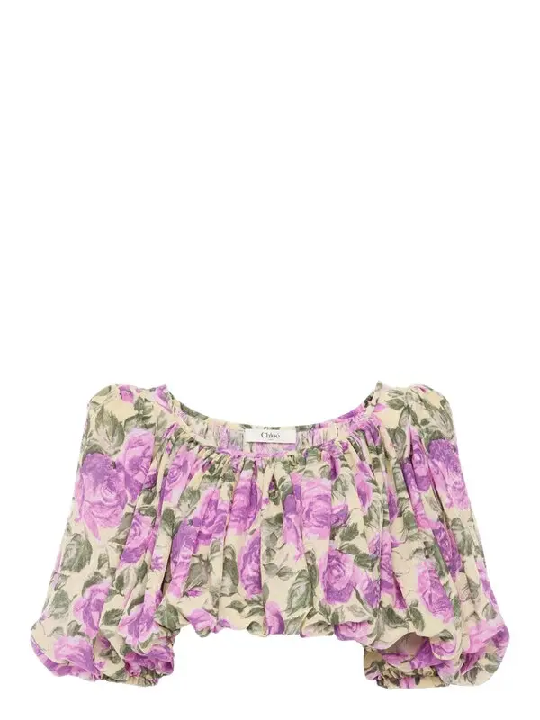 Chloé Printed Silk Cropped Top With Elasticated Neck And Cuffs - Viola