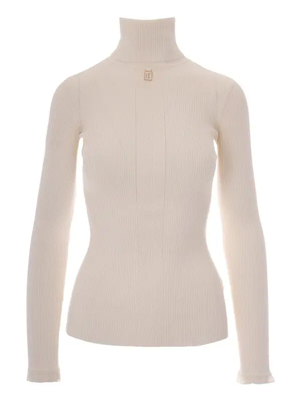 Elisabetta Franchi Fitted Ribbed Turtleneck Top With Flared Cuffs - Burro