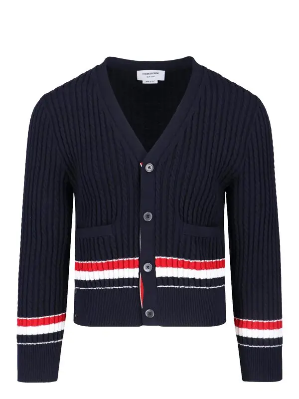 Thom Browne Ribbed Knit V-neck Cardigan With Striped Cuffs And Hem - Blue