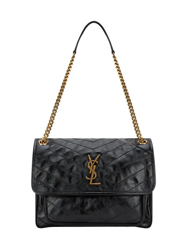Saint Laurent Medium Quilted Leather Flap Shoulder Bag With Gold Tone Logo - Black