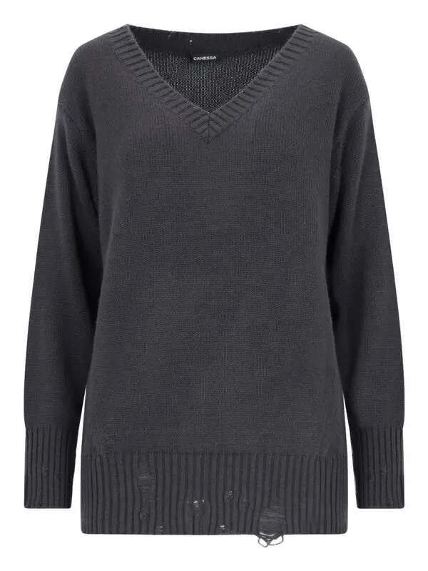 CANESSA Distressed V-neck Oversized Sweater - Grey