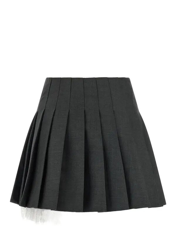 SELF-PORTRAIT Pleated Mini Skirt With Lace Hem - Wool - Grey