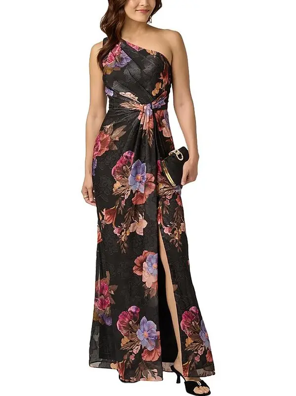 Adrianna Papell One Shoulder Floral Print Chiffon Gown - Black Multi