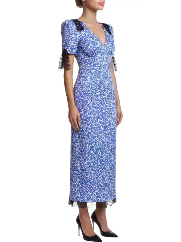 POST MERIDIEM Floral Print Lace Trim Midi Dress - Blue