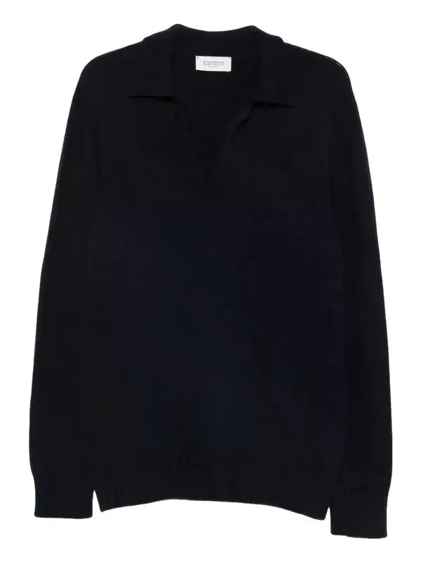 LANEUS Ribbed Knit Long Sleeve Polo Sweater - Blue