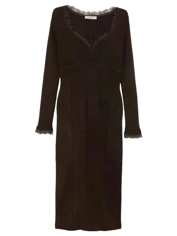 TWINSET Ribbed-knit Midi Dress With Lace Trim - Brown
