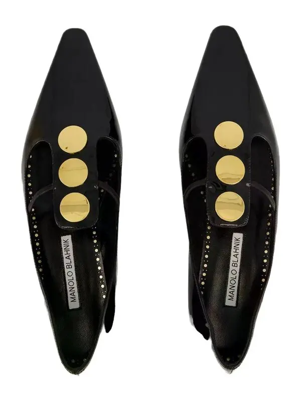 Manolo Blahnik Khafreflat Patent Leather Flat Pumps With Gold-tone Embellishments - Black