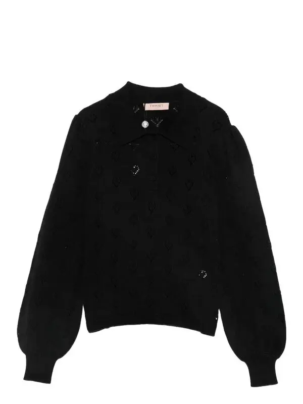 TWINSET Pointelle Knit Polo Shirt - Black