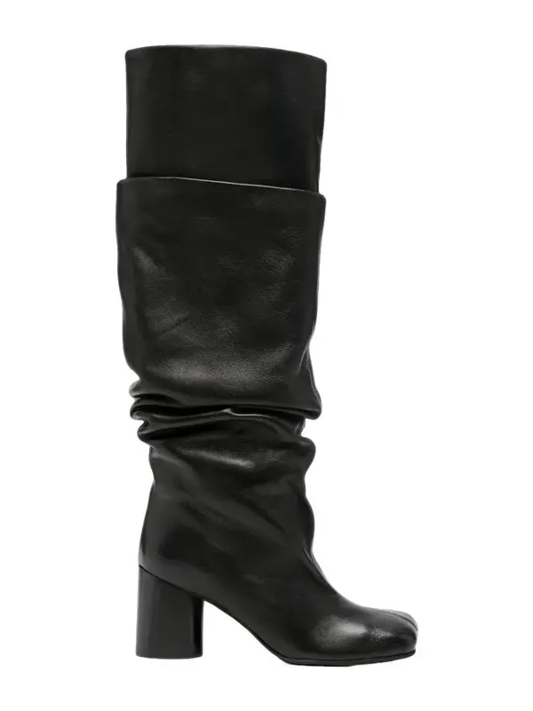 POEVE Leather Slouchy Square Toe Block Heel Boots - Black