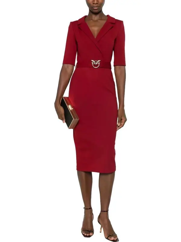 Pinko Love Birds Belted Dress With Notched Lapels - Red