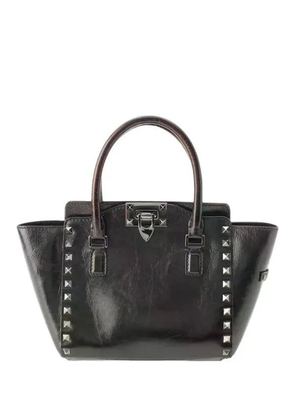 Valentino Garavani Small Crinkled Calfskin Rockstud Double Handle Tote Satchel - Black