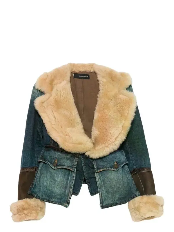 Dsquared2 Washed Denim Contrast Paneled Fur Trimmed Jacket - Blue