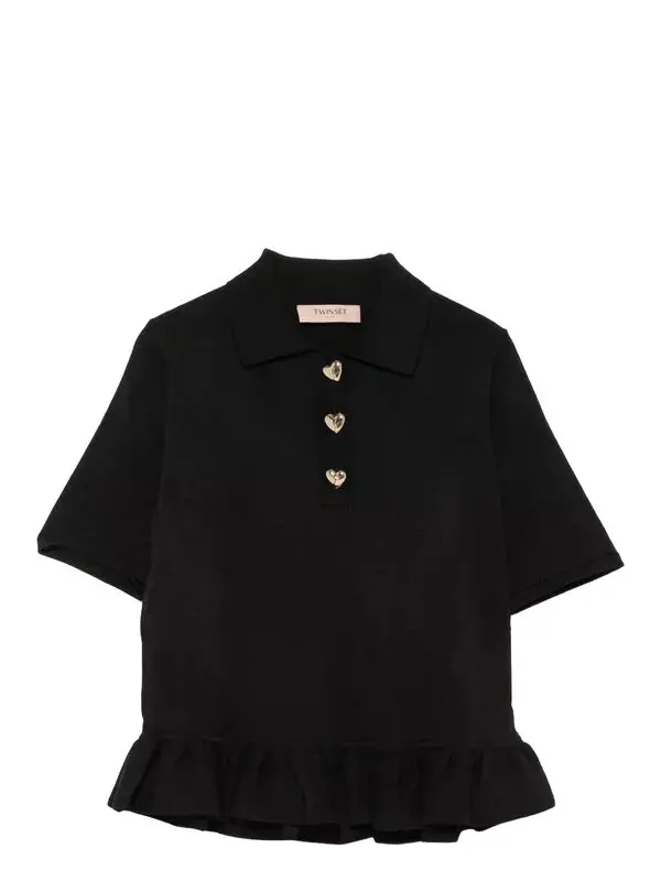 TWINSET Ruffle-trim Heart-button Polo Shirt - Black