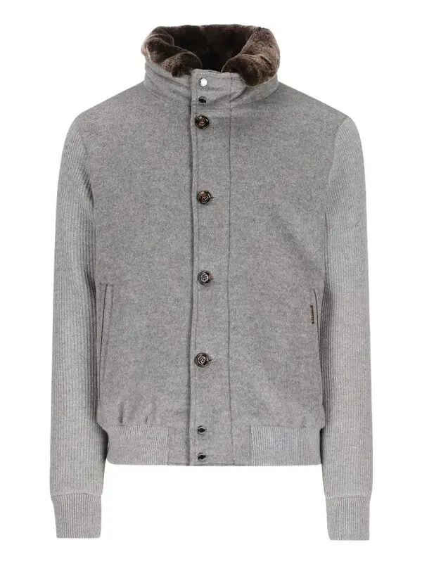 MOORER Ribbed-knit Sleeve Fur-collar Jacket - Grey
