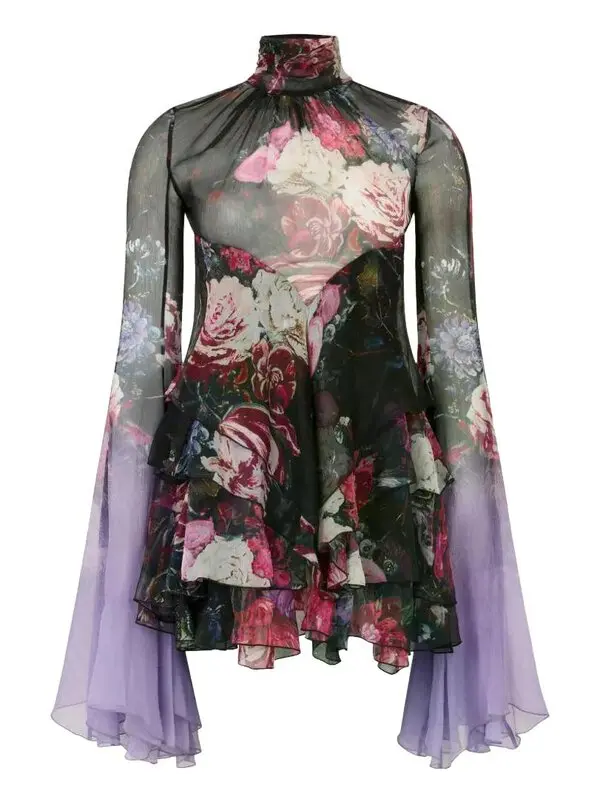 Roberto Cavalli Floral Print Ruffled High Neck Dress - Black
