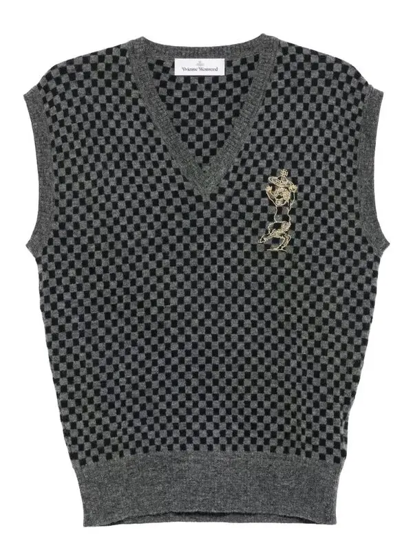 VIVIENNE WESTWOOD Checkerboard Knit Orb-embroidered Sleeveless Sweater - Grey