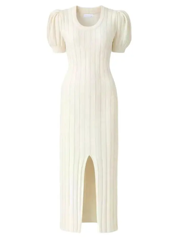 VIOLANTE NESSI Ribbed-knit Puff-sleeve Midi Dress - Neutrals