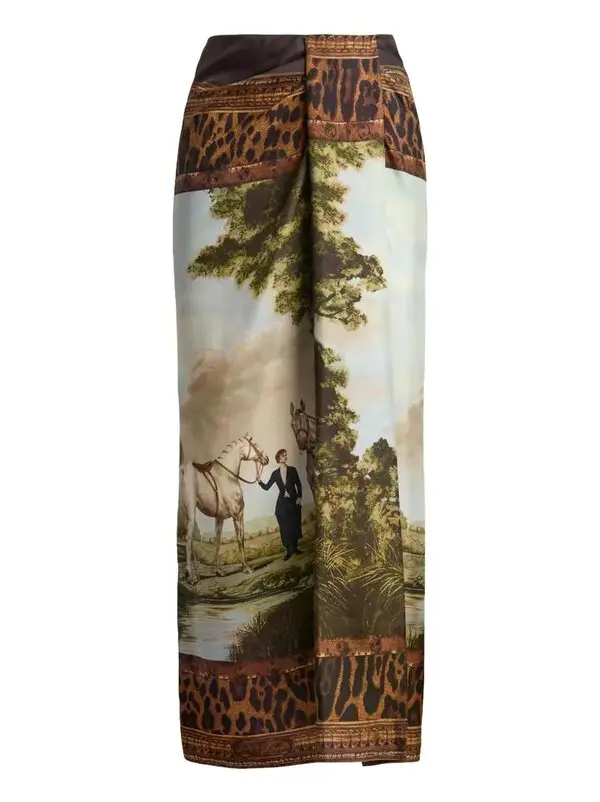 Ralph Lauren Debbie Scenic-print Silk Midi Skirt - Brown