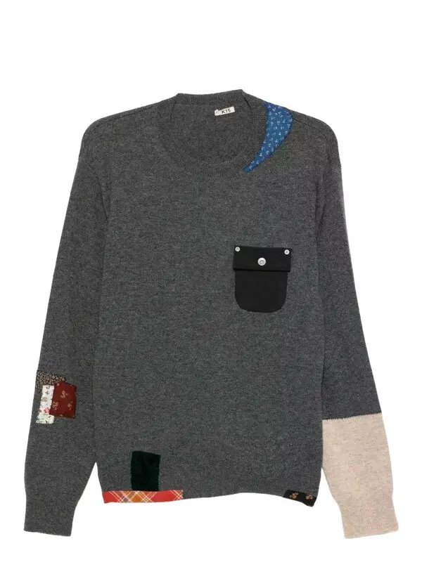 KHOKI Patchwork Design Crew Neck Sweater - Grey