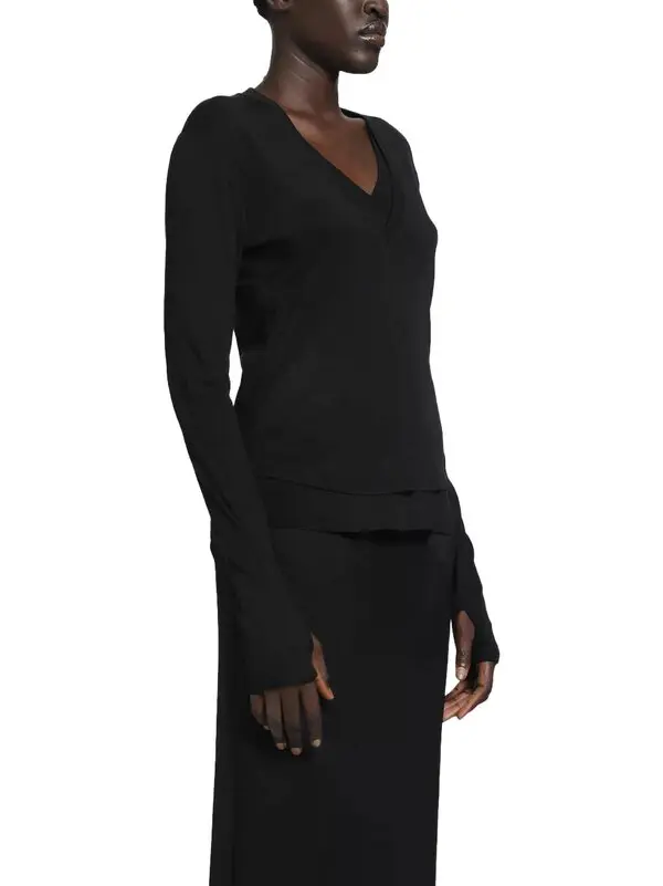 THOM KROM Long Sleeve V-neck T-shirt With Layered Detail - Black