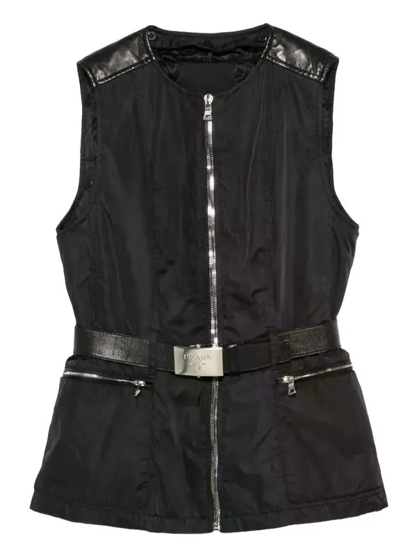 Prada Sleeveless Leather Paneled Belted Jacket - Black