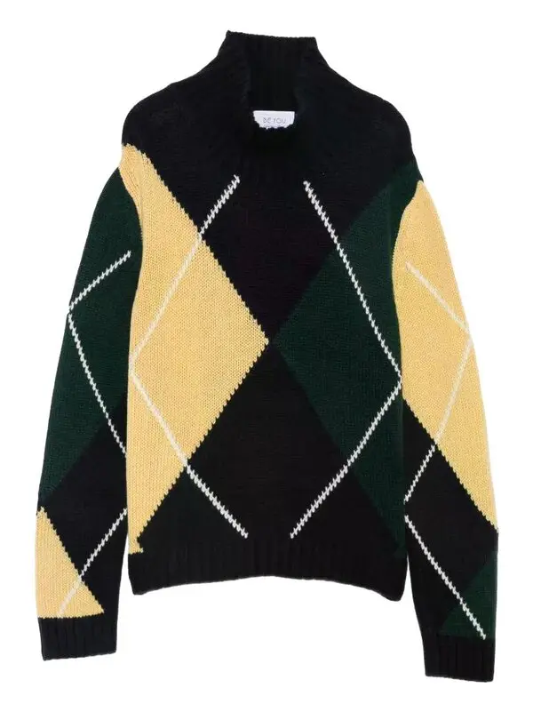 BEYOU Argyle Knit High-neck Sweater - Blue