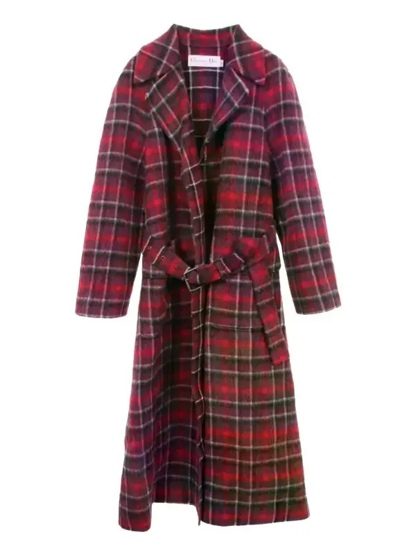 Dior Checked Belted Wool Coat - Red