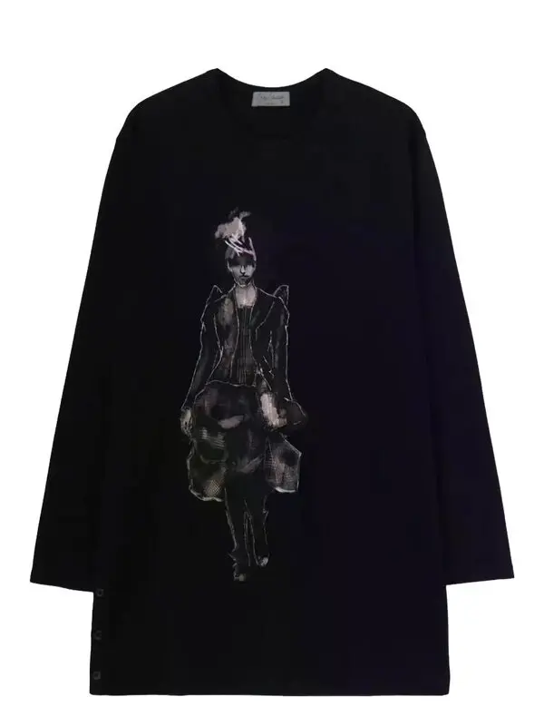 Yohji Yamamoto Graphic-print Button-slit Long-sleeved T-shirt - Black