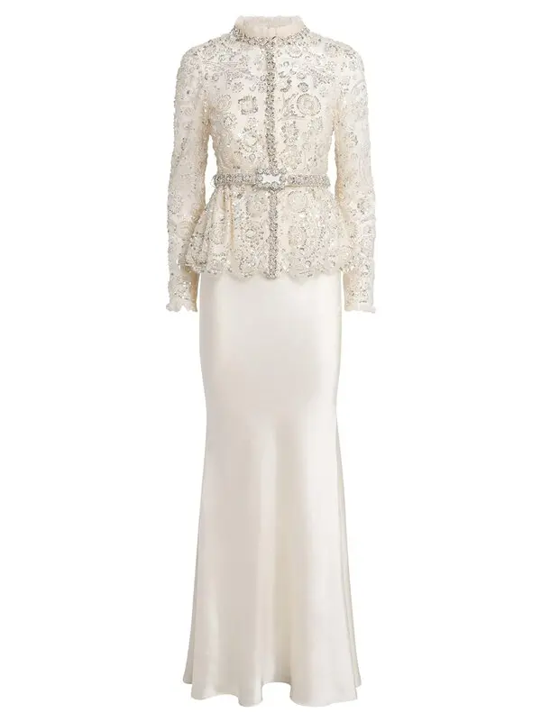 SELF-PORTRAIT Satin Sequin-embellished Gown - Ivory