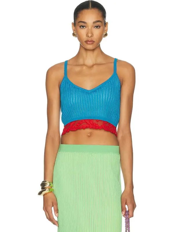 Versace Ribbed Knit Top With Lace Trim - Blue