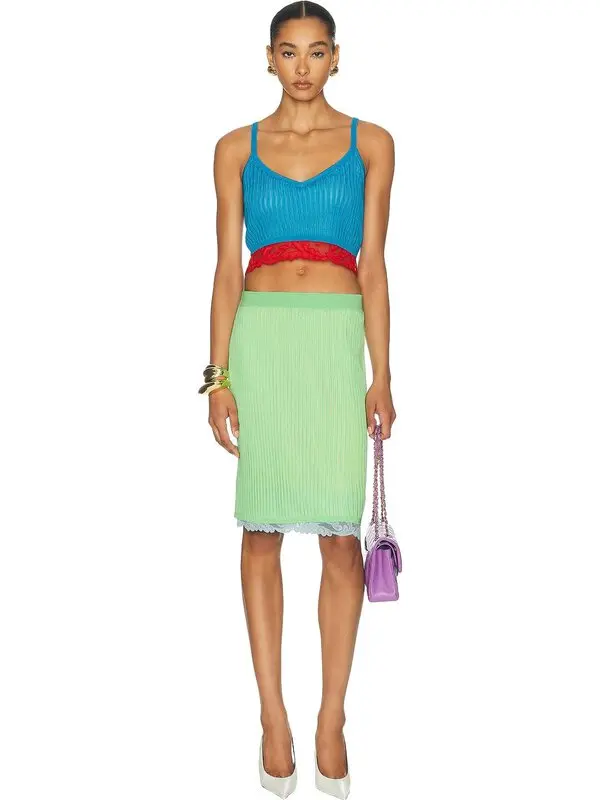 Versace Ribbed Knit Top With Lace Trim - Blue