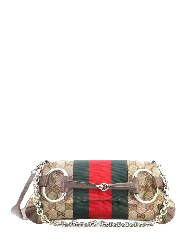 Gucci Horsebit Nm Web Chain Clutch Gg Canvas Small Shoulder Bag - Brown