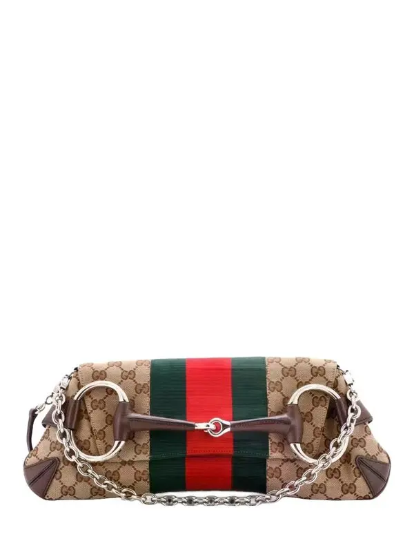 Gucci Horsebit Nm Web Chain Clutch Gg Canvas Medium Shoulder Bag - Brown