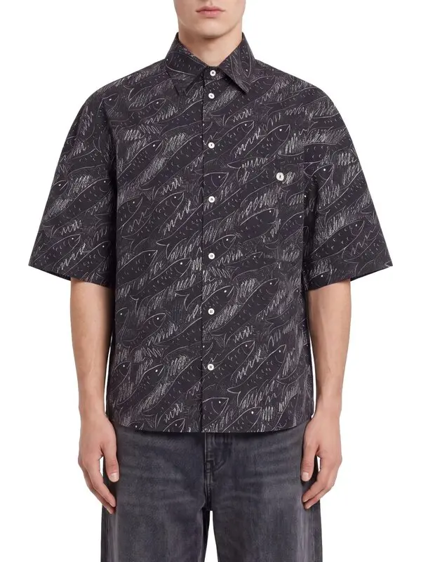 Jacquemus Short-sleeve Cotton Shirt With An All-over Graphic Print - Black
