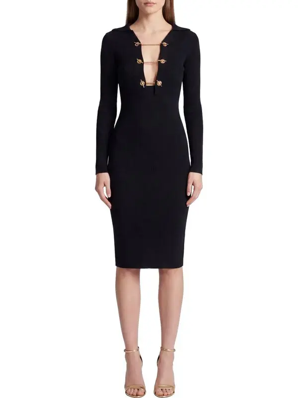 Elisabetta Franchi Slim-fit Midi Sheath Dress In Jersey Knit With V-neck - Black