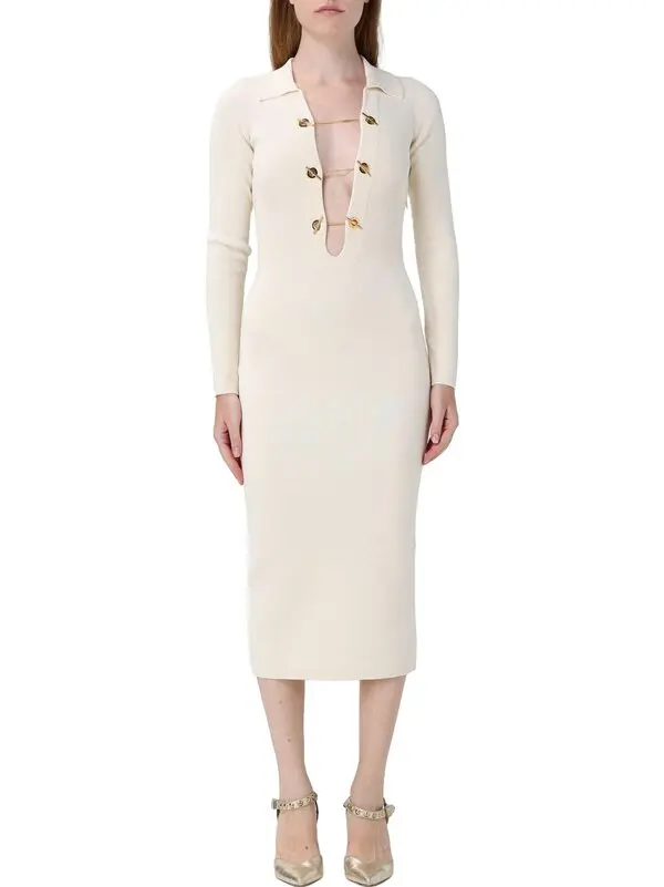 Elisabetta Franchi Slim-fit Midi Sheath Dress With V-neck And Chain Detail - Butter