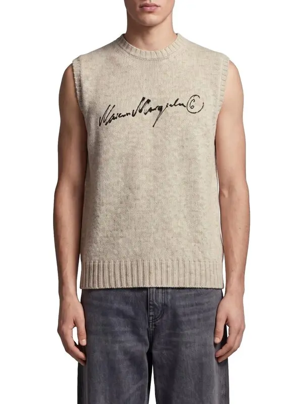 MAISON MARGIELA Crewneck Wool Blend Knit Vest With Contrast Logo - Grey