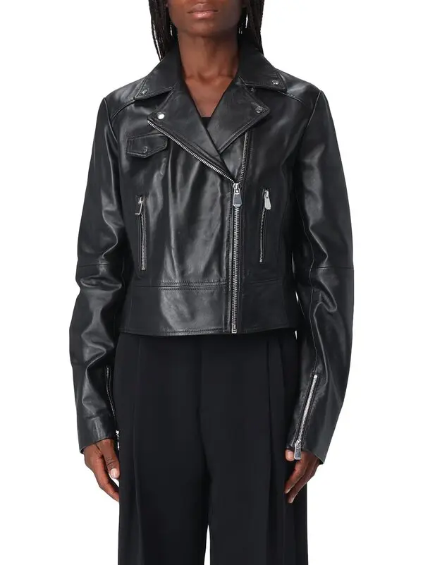 Pinko New Sensibile Cropped Lamb Nappa Biker Jacket With Asymmetric Zip - Black
