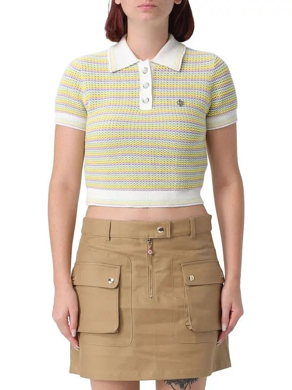 Casablanca Striped Cropped Cotton Knit Polo Shirt - Yellow