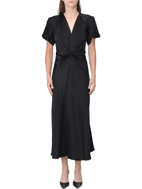 Victoria Beckham Satin V-neck Ruched Midi Dress - Black
