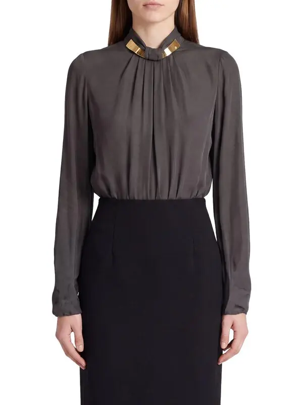Elisabetta Franchi Long-sleeved Georgette Blouse With Jewel Neck - Black