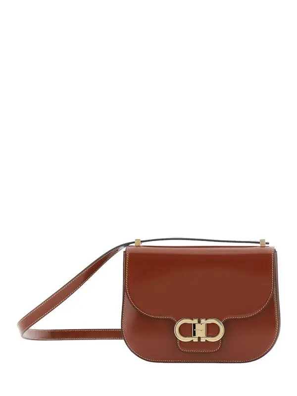 FERRAGAMO Double Gancini Mini Crossbody Bag In Calfskin - Brown