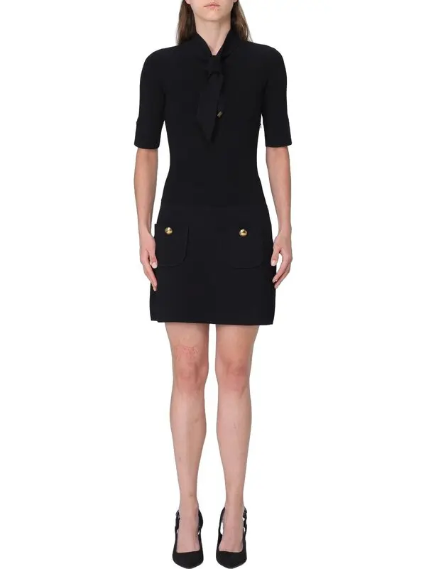 Elisabetta Franchi Knit Mini Dress With Pussy-bow Collar And Pockets - Black