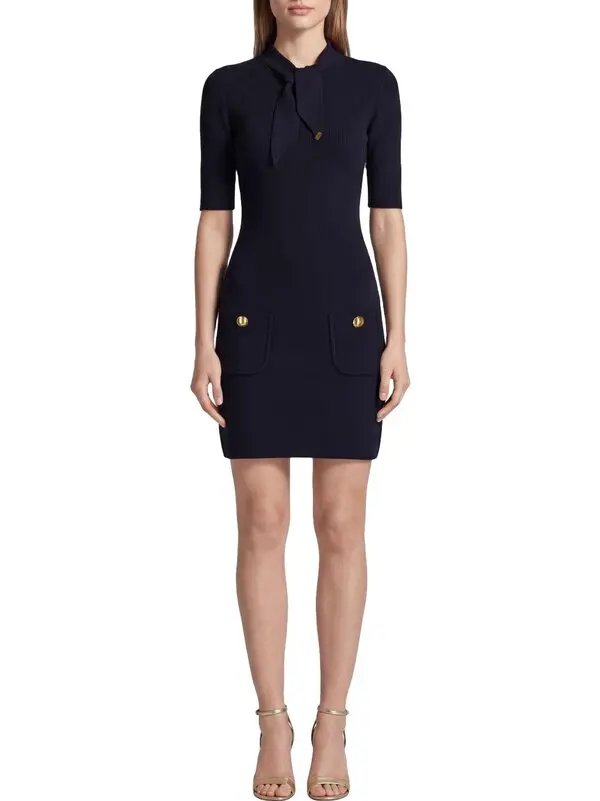 Elisabetta Franchi Knit Mini Dress With Pussy-bow Collar And Pockets - Blue