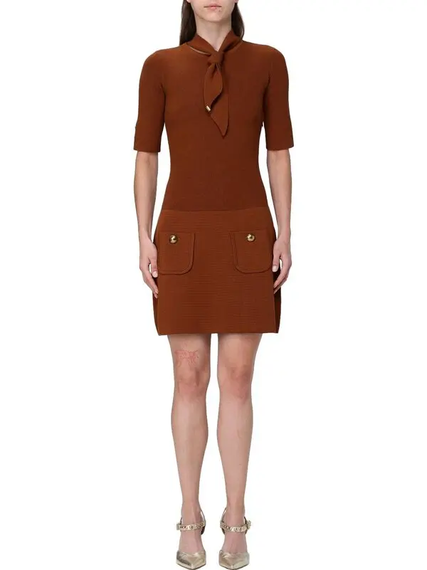 Elisabetta Franchi Knit Mini Dress With Pussy-bow Collar And Pockets - Tobacco