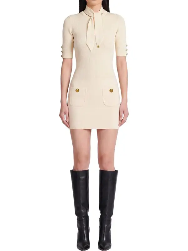 Elisabetta Franchi Knit Mini Dress With Pussy-bow Collar And Pockets - White